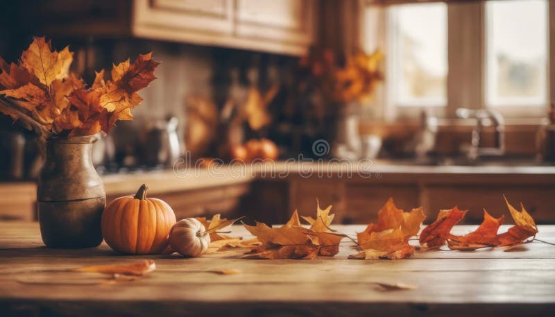 Autumn Kitchen with Pumpkin and Leaves Decoration with Copy Space Stock ...