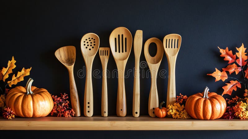 Autumn Kitchen Utensils Display with Pumpkins High Quality Image Stock ...