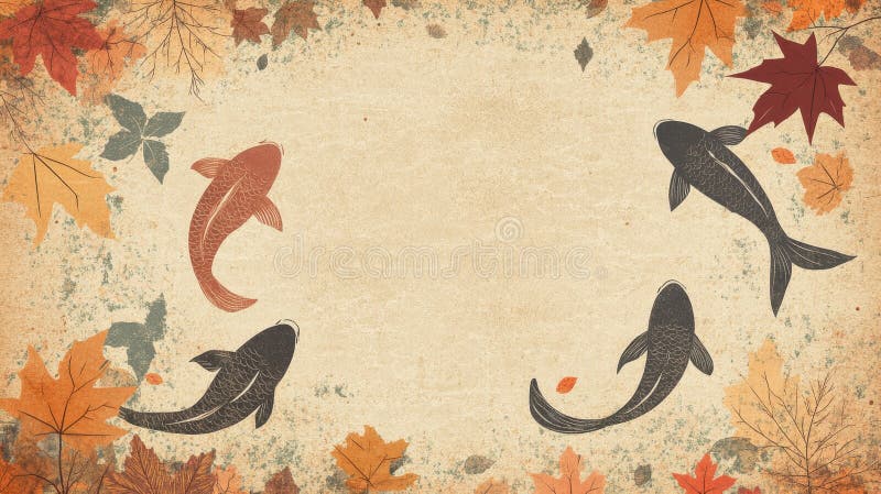 Autumn Koi Fish and Falling Leaves Vintage Background Stock Photo ...