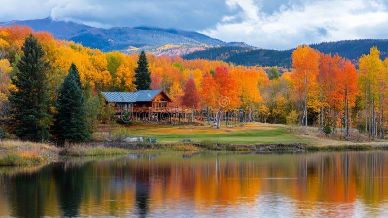 Autumn Lake House in Mountain Setting Stock Illustration - Illustration ...