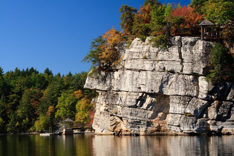 Autumn Lake and Mountain Cliffs Stock Image - Image of lake, walkway ...