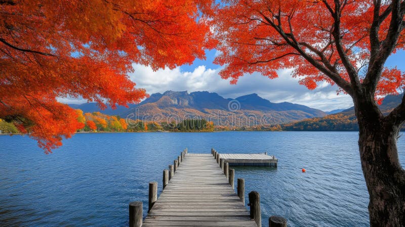 Autumn Lake with Red Maple Trees and Wooden Dock Stock Illustration ...