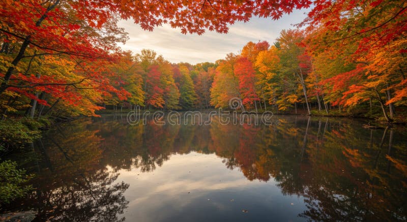 Autumn Lake Reflection: Vibrant Red and Yellow Fall Foliage Stock ...