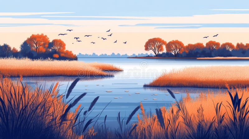 Autumn Lake Sunset Landscape: Pixel Art Stock Illustration ...