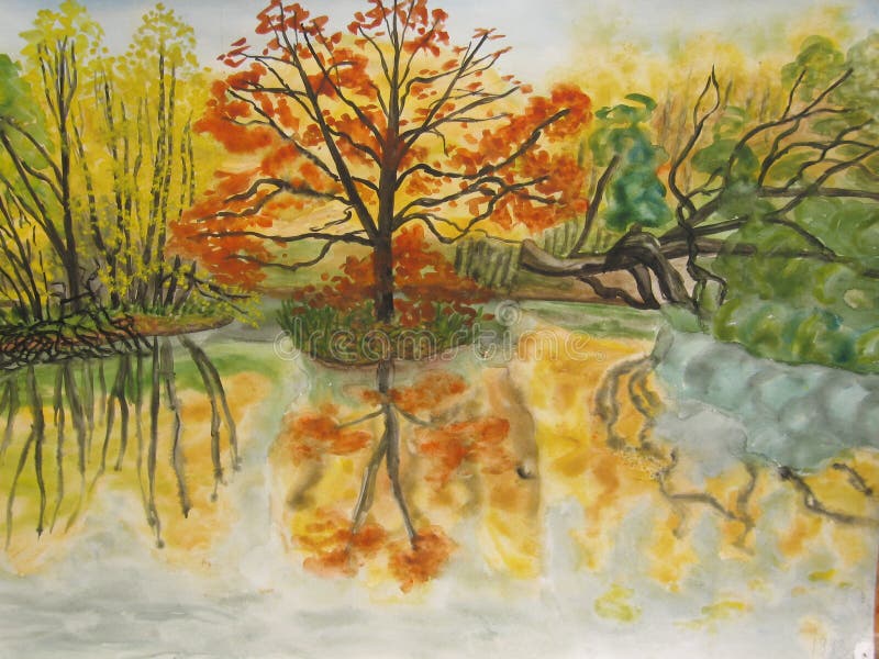 Autumn Landscape with Ash Tree, Painting Stock Illustration ...