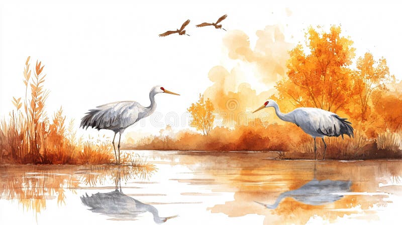 Autumn Landscape with Birds Crane Watercolor Illustration Stock ...