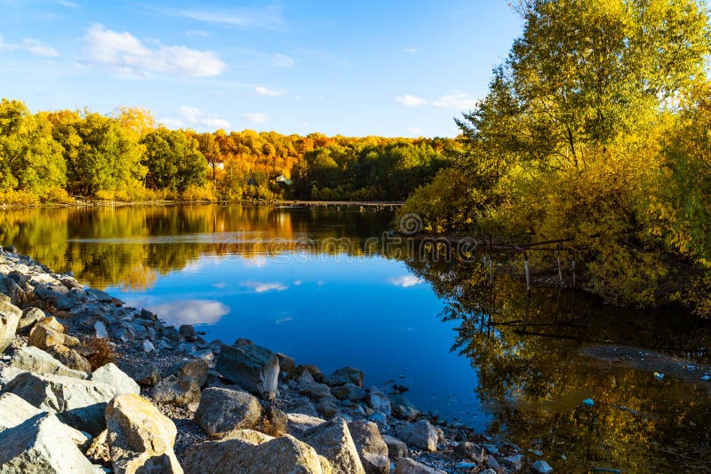 Autumn Landscape with Blue Sky and a Small Lake Stock Image - Image of ...