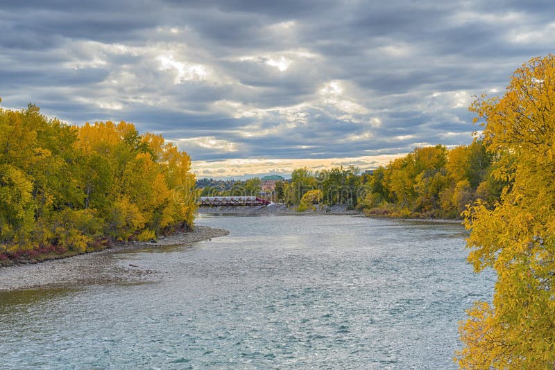 Autumn Landscape of the Bow River in Downtown Calgary with the Peace ...