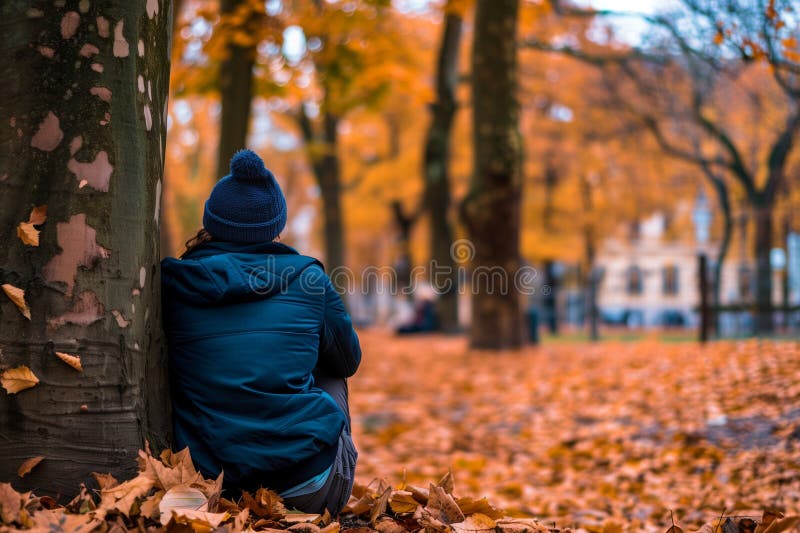 Autumn Landscape with Deciduous Forest and Dry Leaves, Person Sitting ...