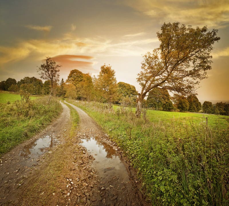 Autumn Landscape with Dirt Road Stock Image - Image of grass, idyllic ...