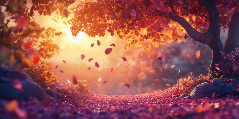 Autumn Landscape with Falling Leaves and Warm Sunlight Illuminating ...
