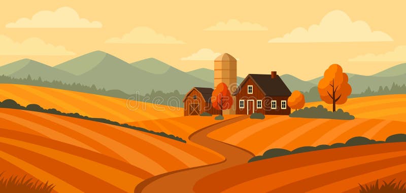 Autumn Landscape with Farm and Fields. Abstract Rural Scene. Vector ...