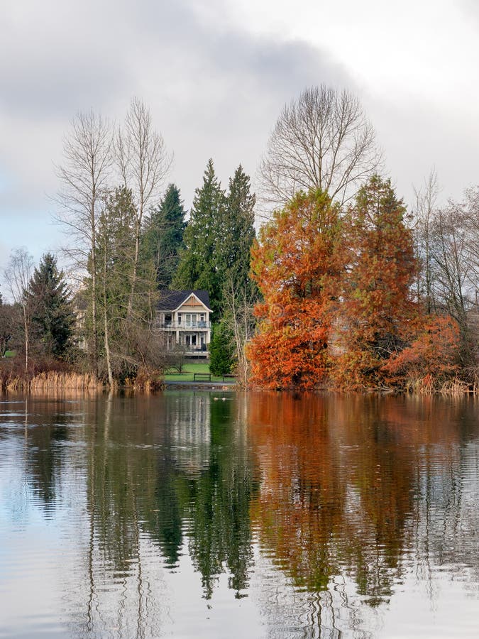 Autumn Landscape Featuring a House by the Lake Stock Image - Image of ...