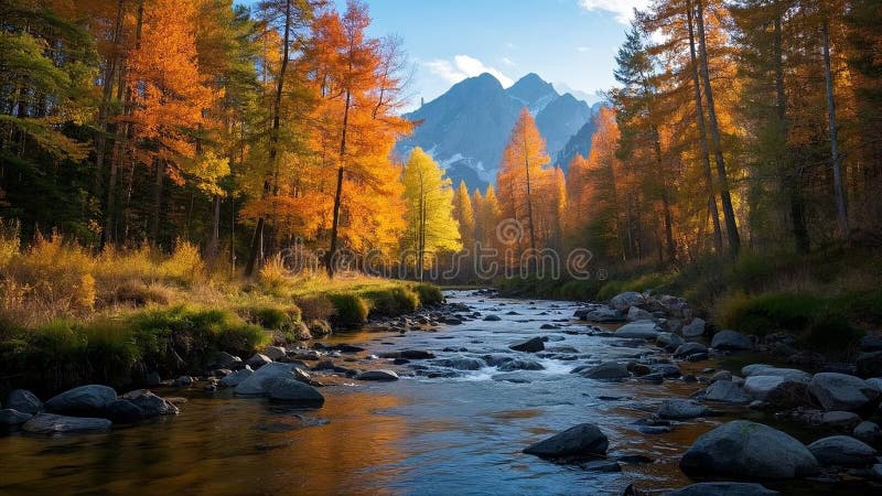 Panoramic Autumn Landscape with Forest Stream on Sunny Fall Day. Stock ...