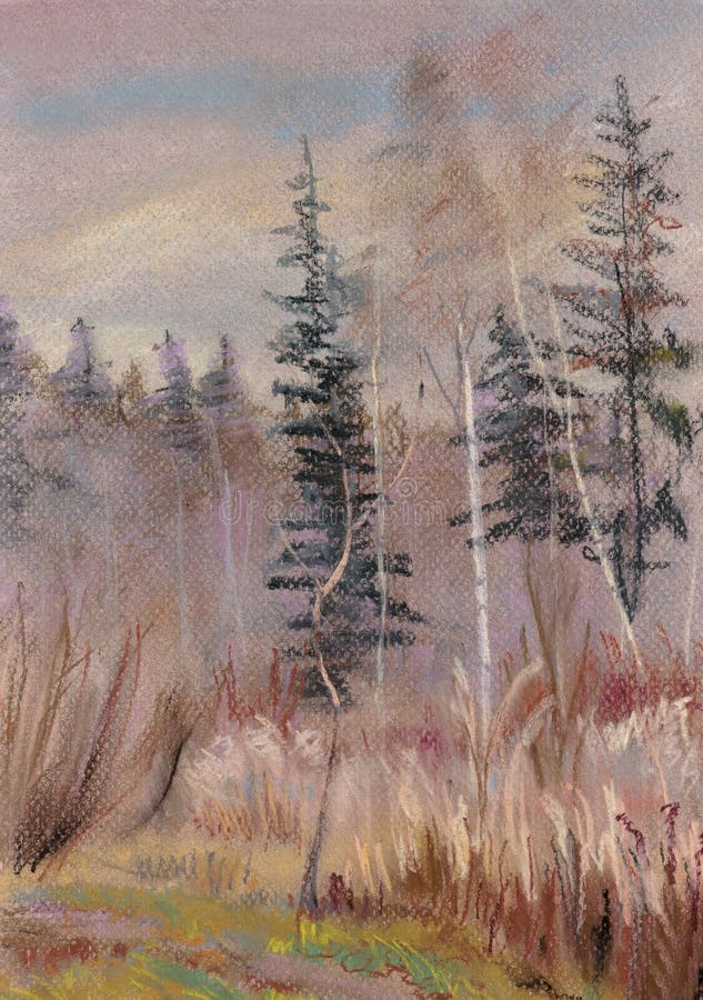 Autumn Landscape with Fur-trees and a Birch Stock Illustration ...