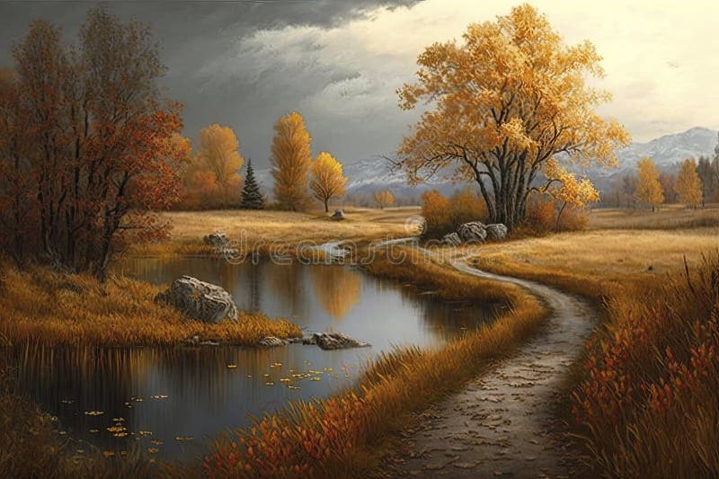 Autumn Landscape with Falling Leaves in Watercolors Stock Illustration ...