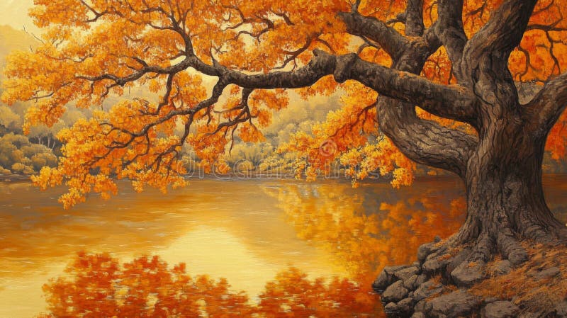Autumn Landscape: Golden Tree Over Calm Lake Stock Illustration ...