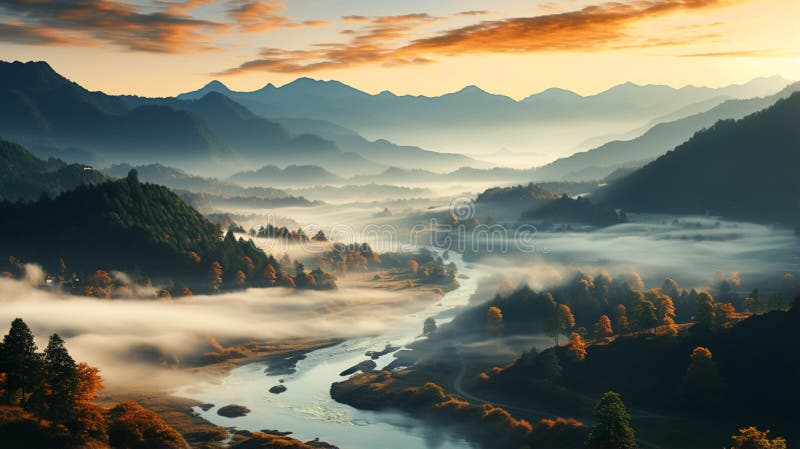 Autumn Landscape with Mountains Trees and Fog Top View Stock Photo ...