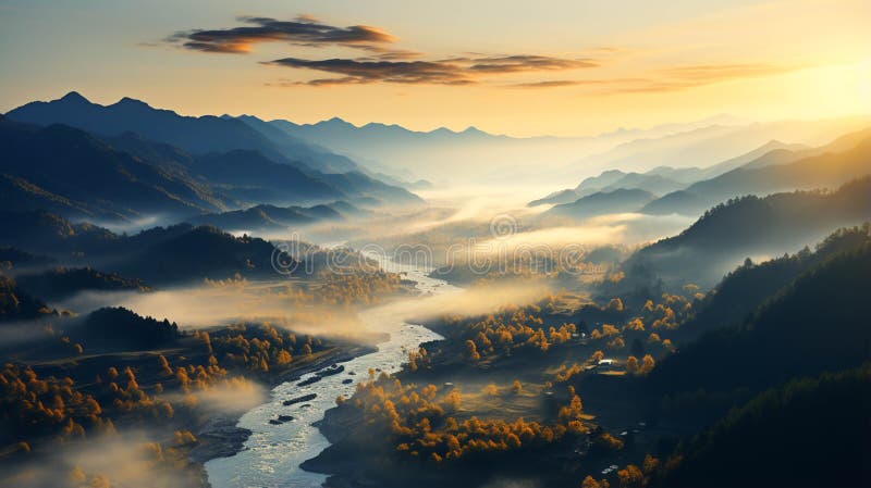 Autumn Landscape with Mountains Trees and Fog Top View Stock Image ...