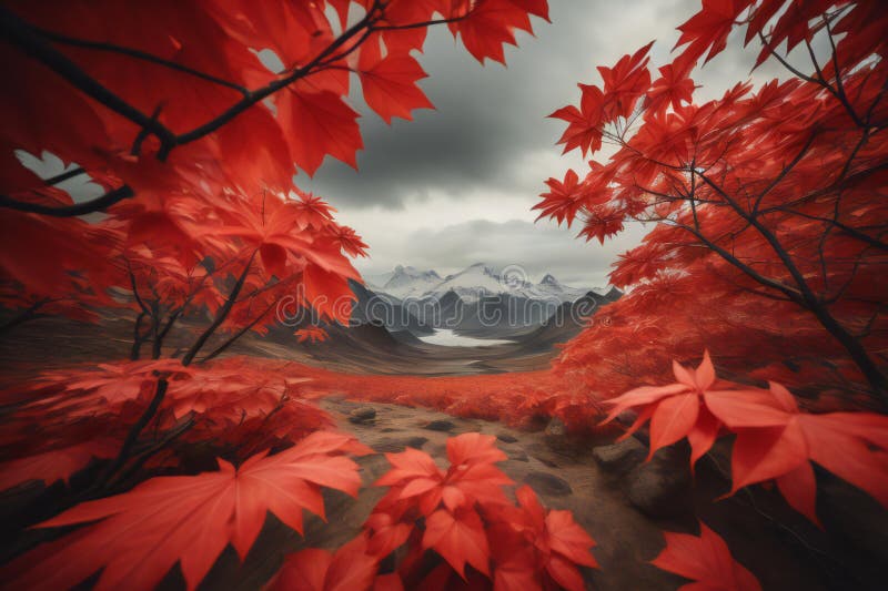Autumn Landscape with Red Maple Leaves and Mountains. Generative Ai ...