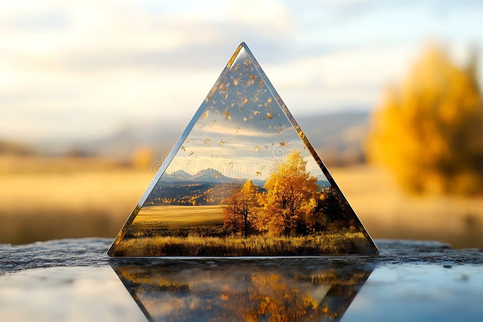 Autumn Landscape Reflected Inside a Triangular Glass Sculpture Stock Illustration - Illustration ...