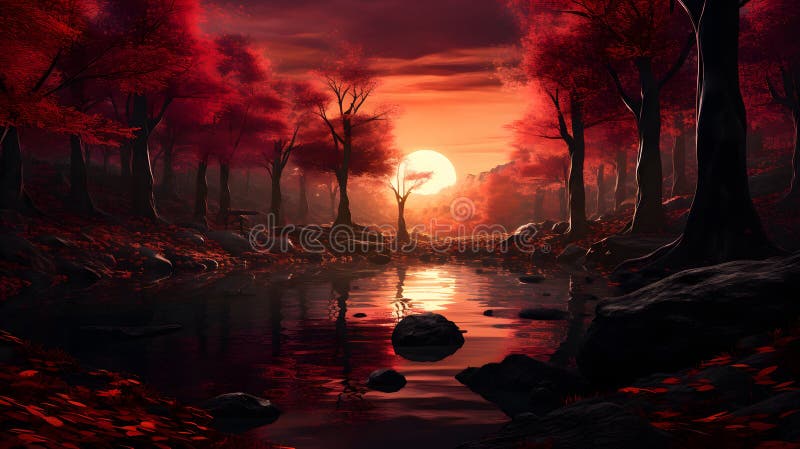 Autumn Landscape with River in Autumn Forest at Sunset. 3D Rendering ...
