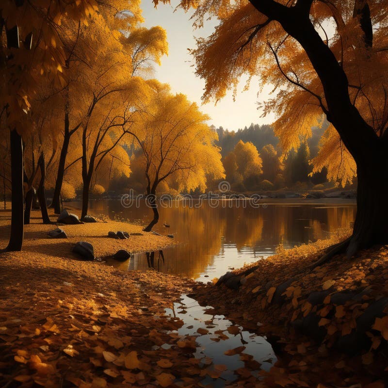 Autumn Landscape with River and Yellow Trees. Ai Generated Stock ...