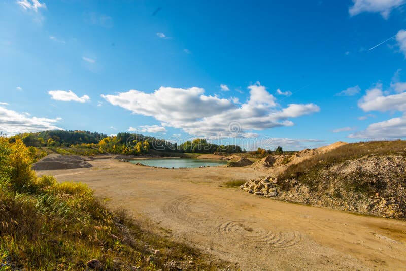 Autumn Landscape. Sand Pit. Lake and Yellow Trees. Stock Photo - Image ...