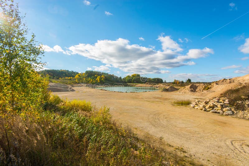 Autumn Landscape. Sand Pit. Lake and Yellow Trees. Stock Photo - Image ...