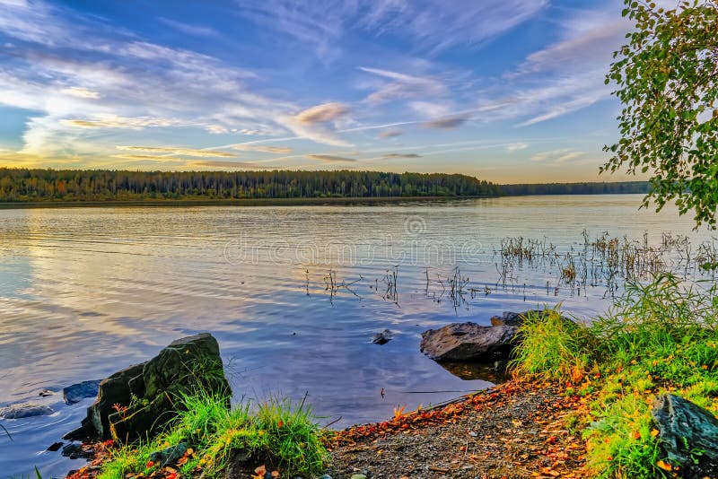Autumn Landscape Sunset in the Forest by the Lake. Beautiful View in ...