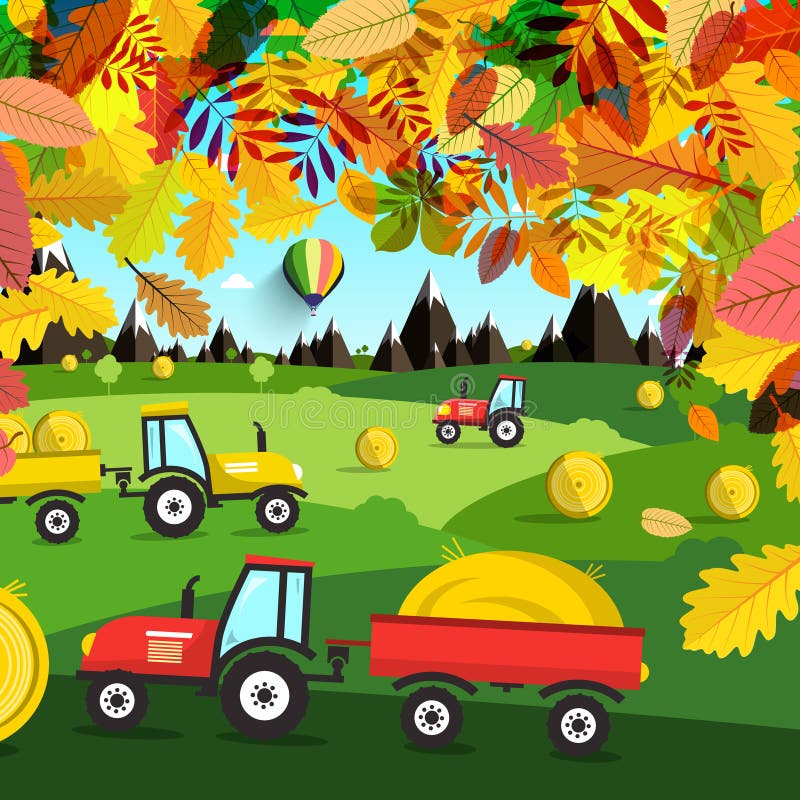 Autumn Landscape. Tractors on Field Stock Vector - Illustration of ...