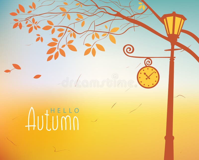 Autumn Landscape with Trees and Clock Lamp Post Stock Vector ...