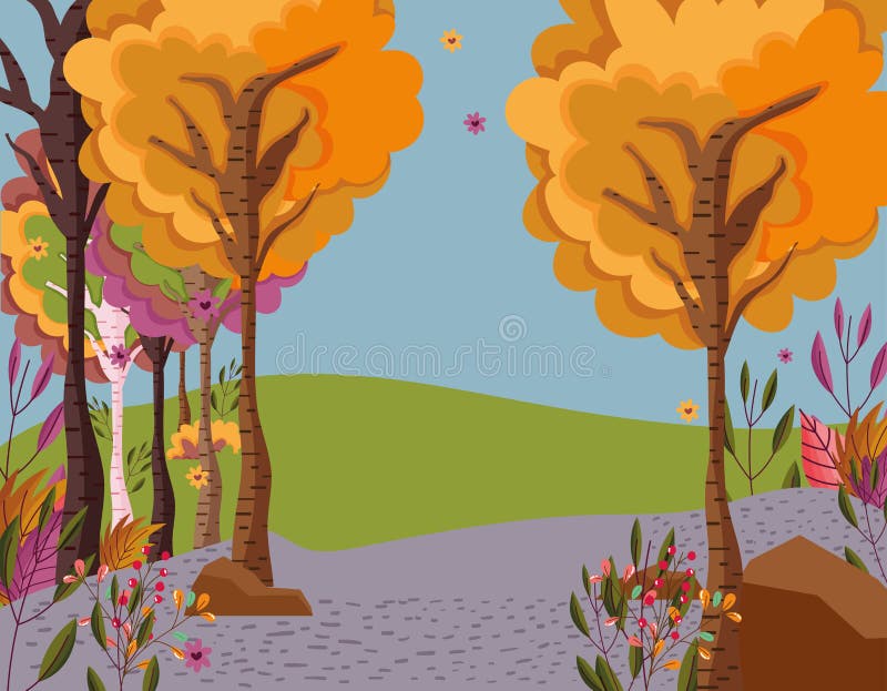 Autumn Landscape Trees Leaves Path Stone Flowers Stock Vector ...