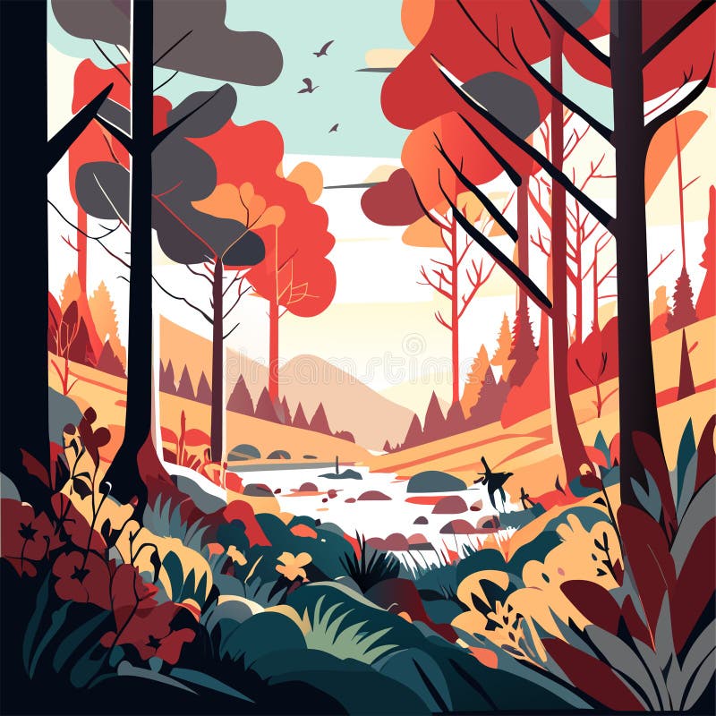 Autumn Landscape with Trees and River. Vector in Flat Style AI ...