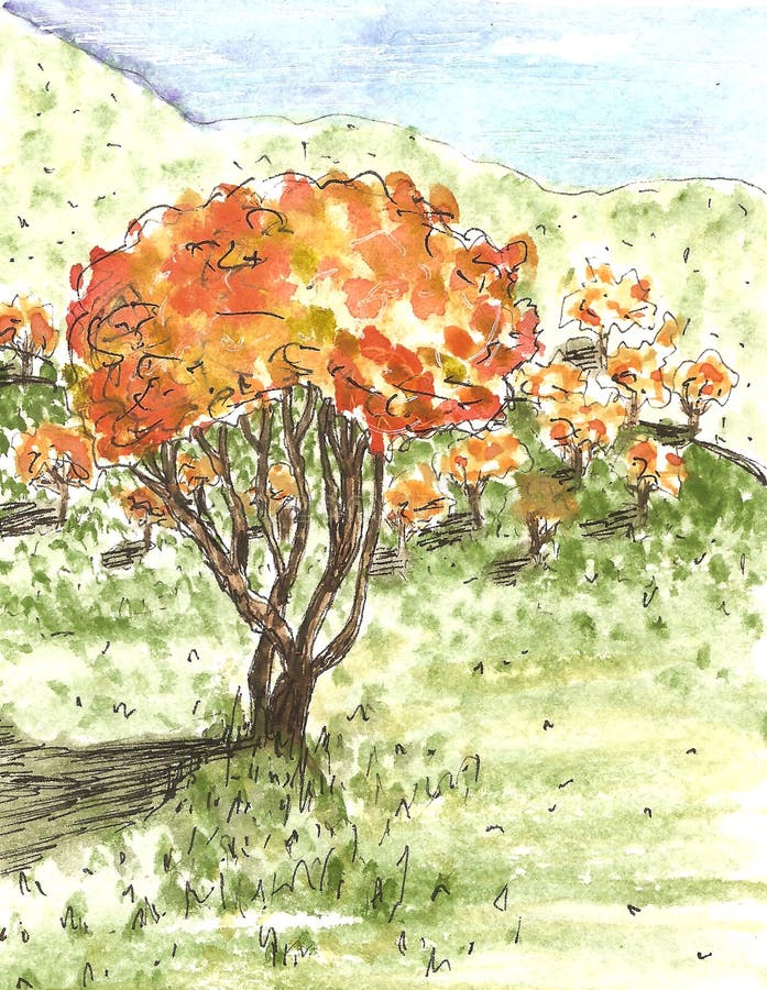 Autumn Landscape. Watercolor Illustration. Watercolor Drawing - Orange ...