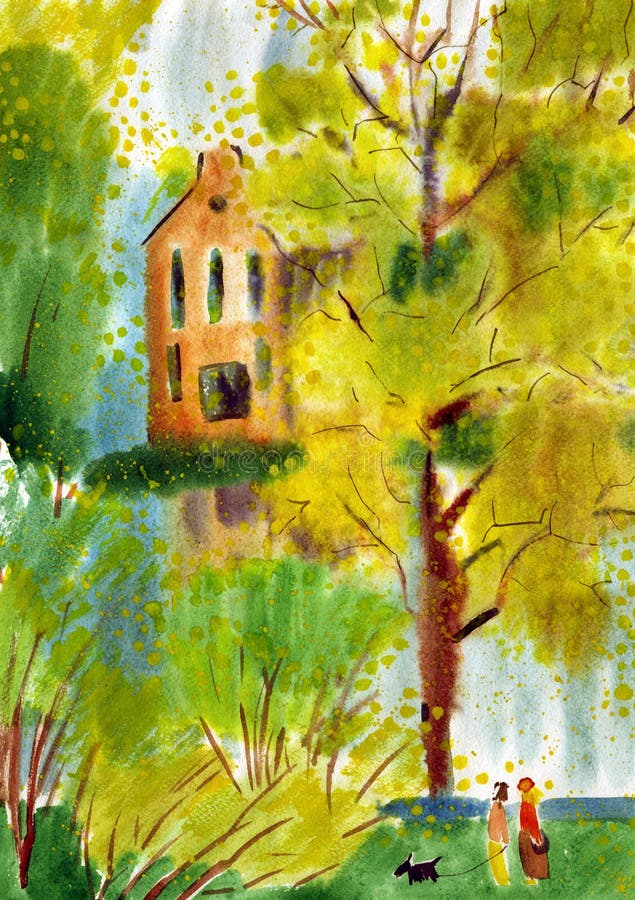 Autumn Landscape Watercolor Painting Stock Illustration - Illustration ...