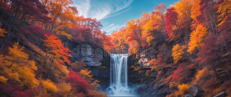 Autumn Landscape with Waterfall and Colorful Trees Stock Image - Image ...