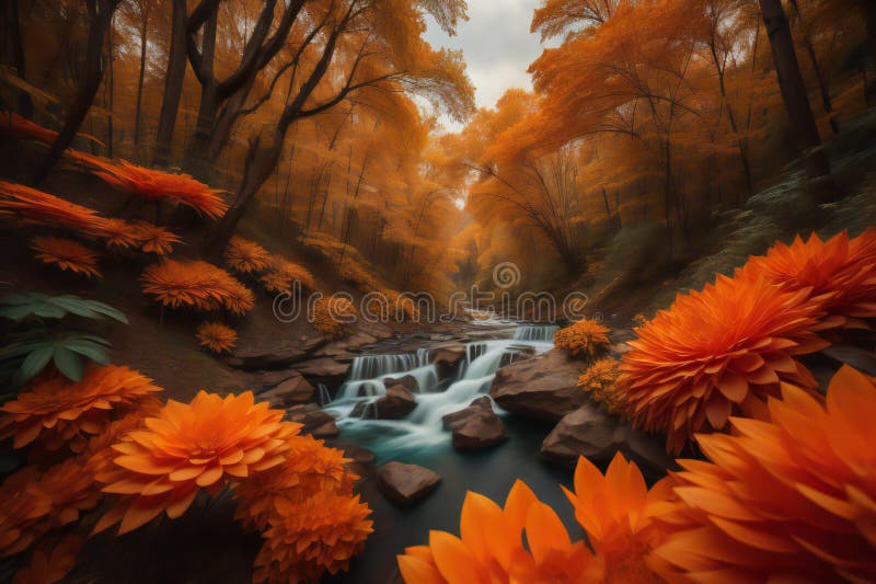 Autumn Landscape with Waterfall and Orange Flowers. Ai Generated Stock ...