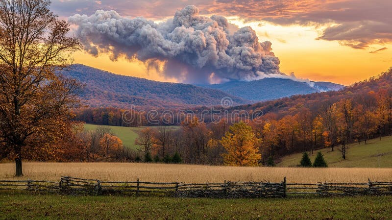 Autumn Landscape with Wildfire Smoke Plume Over Mountains at Sunset ...