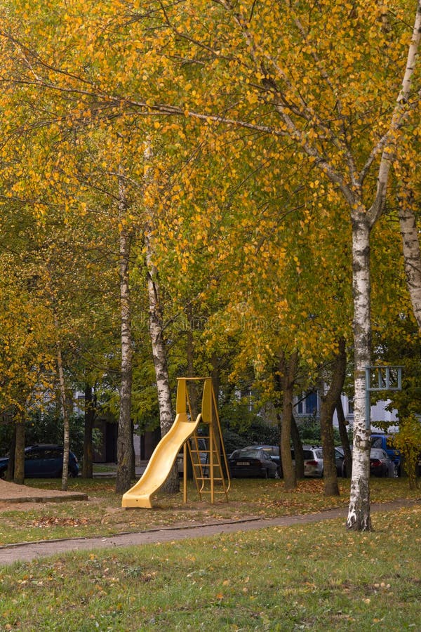 Autumn Landscape. a Yellow Slide and a Tree with Yellow Foliage Stock ...