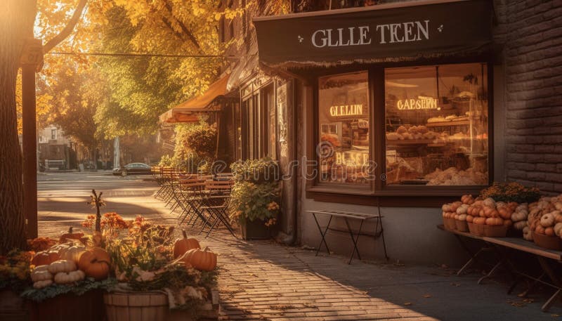 Autumn Lanterns Illuminate Rustic City Streets at Dusk Generated by AI ...