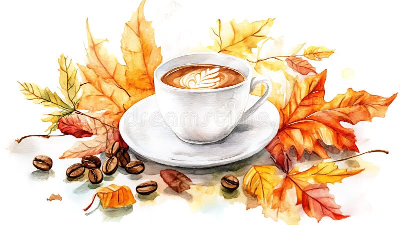 Autumn Latte Art Coffee Cup with Leaves Stock Illustration ...