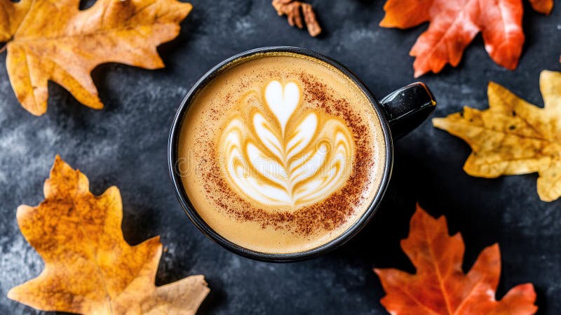 Autumn Latte Art, Dark Table, Fall Leaves, Drink, Menu Stock Image ...