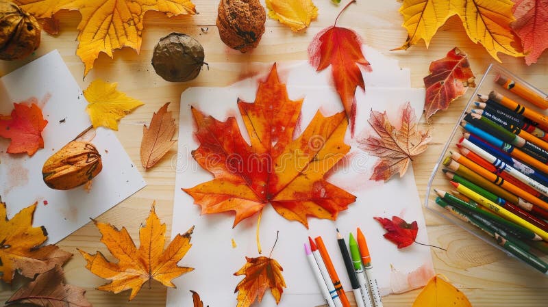 Autumn Leaf Art Project with Colored Pencils Stock Image - Image of ...