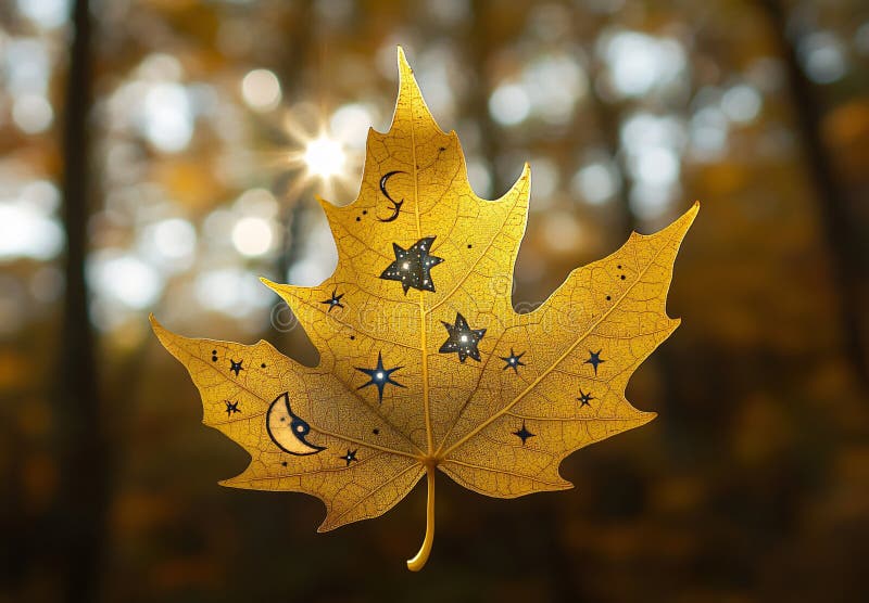 Autumn Leaf with Celestial Design- Stars, Moon, High Quality Image ...