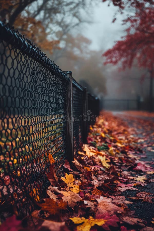 Autumn Leaf-covered Chain Link Fence Stock Photo - Image of landscape ...