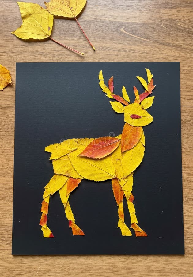 Autumn Leaf Deer Collage Art on Black Background Stock Illustration ...