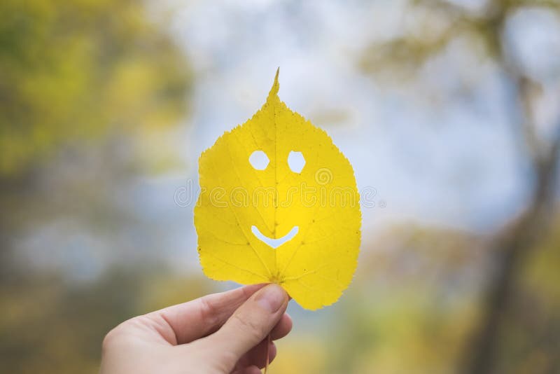 Autumn Leaf Emoji, Smiley in a Hand Stock Image - Image of postcard ...