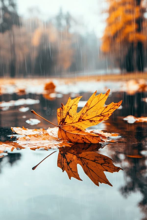 Autumn Leaf Floats Gently on the Water Surface. Raindrops Fall. the ...
