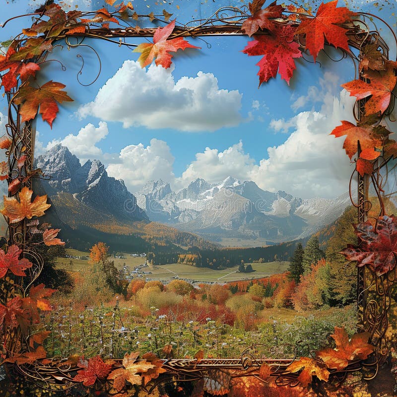 Autumn Leaf Frame Embracing a Mountain Landscape with Floating Cloud ...